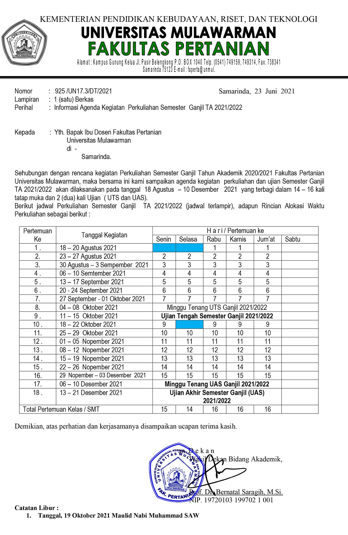 Kalender Akademik dan Jadwal Kuliah Semester Ganjil TA 2021/2022 ...
